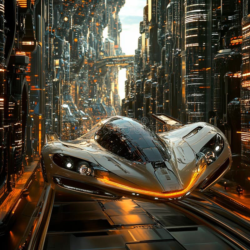 Futuristic Cityscape with a Sleek, Flying Vehicle. Stock Illustration ...