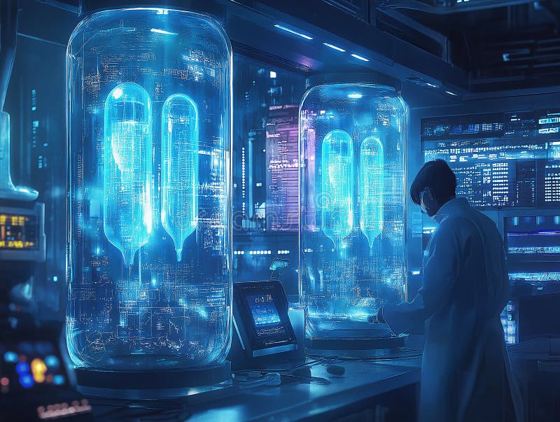 High-Tech Stasis Pods with Glowing Blue Interface in Futuristic Lab ...