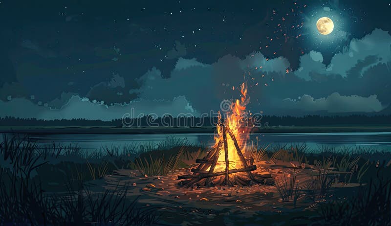 The Scene Shows a Campfire Burning in a Field Under the Full Moonlight ...
