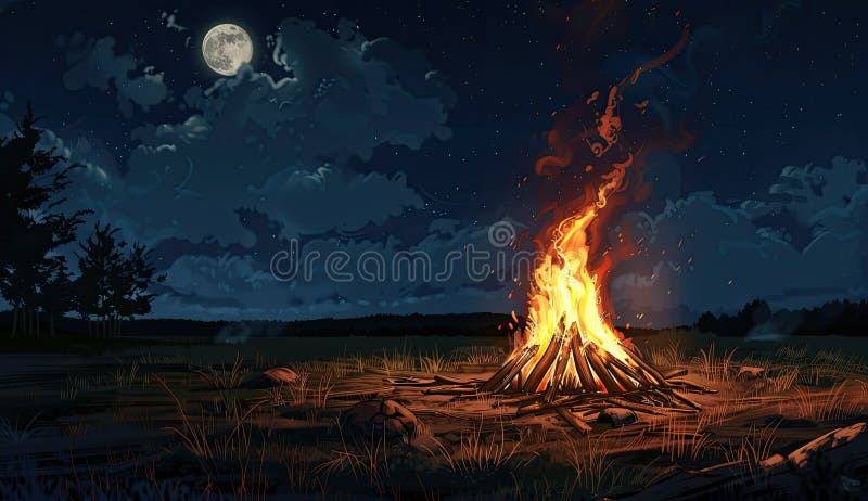 The Scene Shows a Campfire Burning in a Field Under the Full Moonlight ...