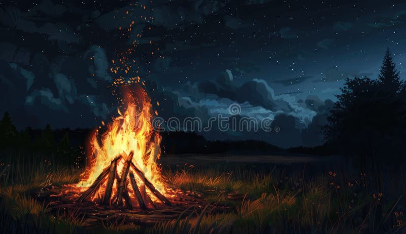 The Scene Shows a Campfire Burning in a Field Under the Full Moonlight ...