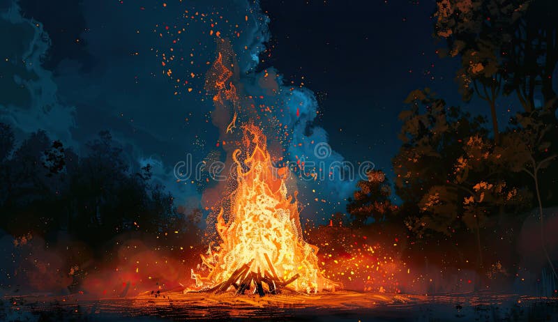 The Scene Shows a Campfire Burning in a Field Under the Full Moonlight ...