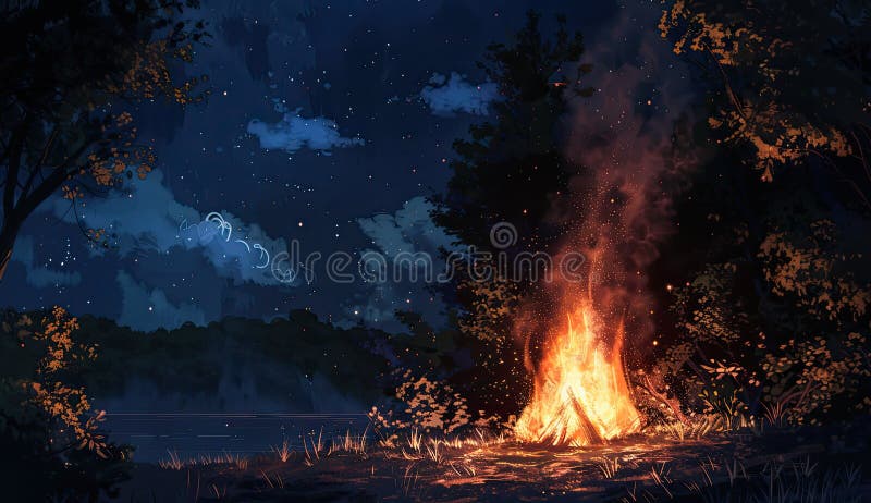The Scene Shows a Campfire Burning in a Field Under the Full Moonlight ...