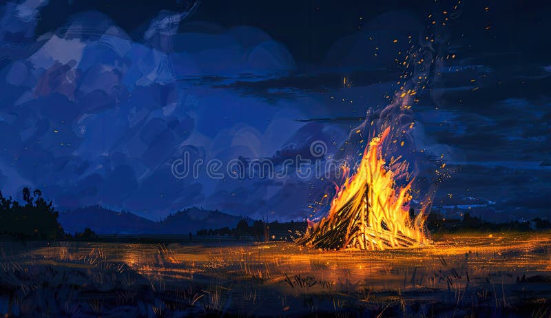 The Scene Shows a Campfire Burning in a Field Under the Full Moonlight ...