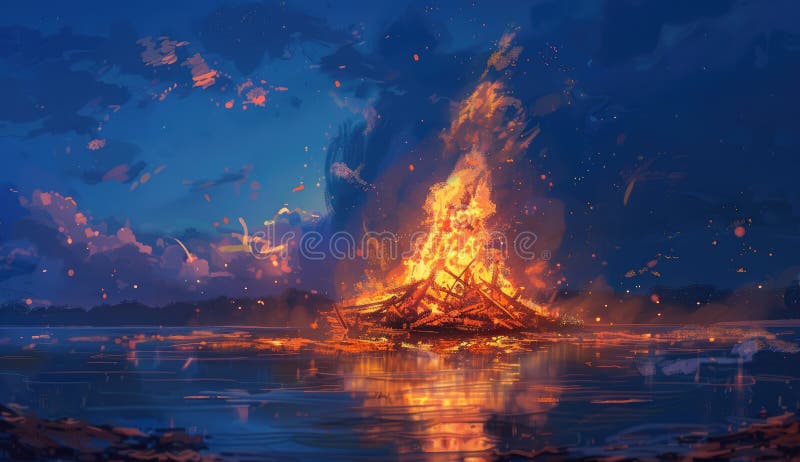The Scene Shows a Campfire Burning in a Field Under the Full Moonlight ...