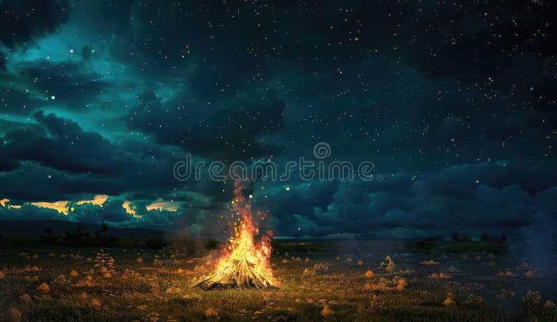 The Scene Shows a Campfire Burning in a Field Under the Full Moonlight ...