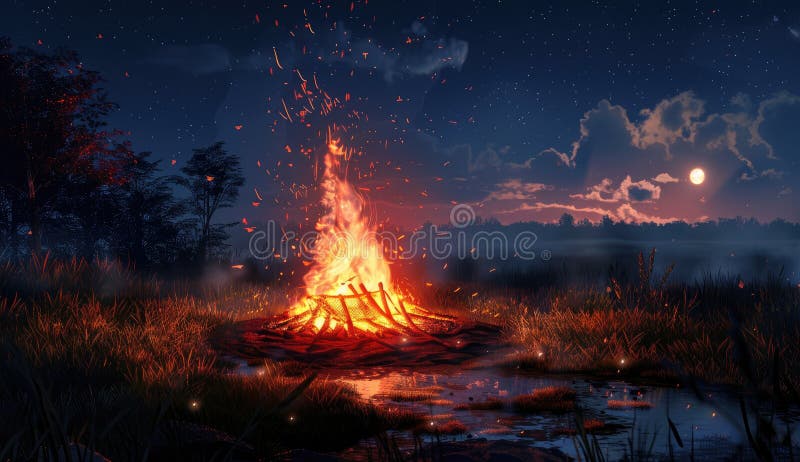 The Scene Shows a Campfire Burning in a Field Under the Full Moonlight ...