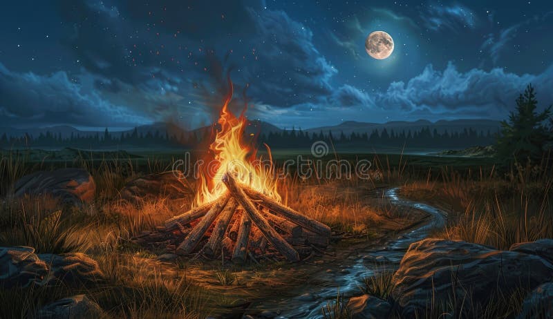 The Scene Shows a Campfire Burning in a Field Under the Full Moonlight ...