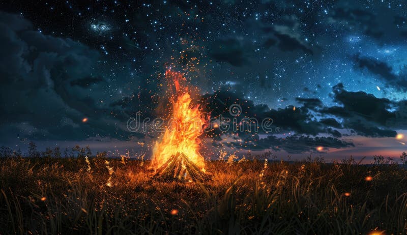 The Scene Shows a Campfire Burning in a Field Under the Full Moonlight ...