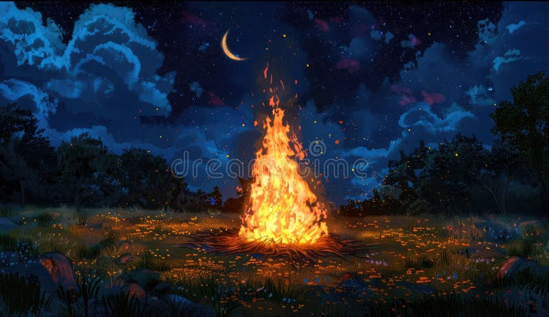 The Scene Shows a Campfire Burning in a Field Under the Full Moonlight ...