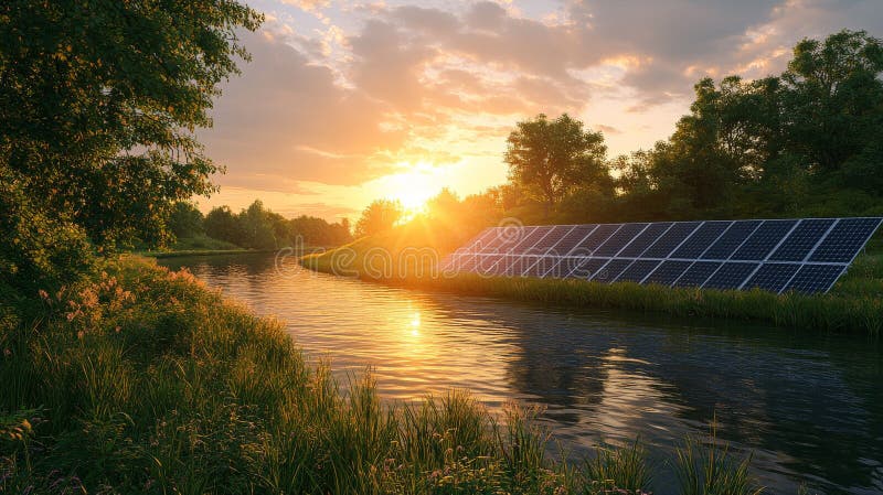 The Scene Solar Panels at Sunset by Tranquil Stream Embodies Clean ...