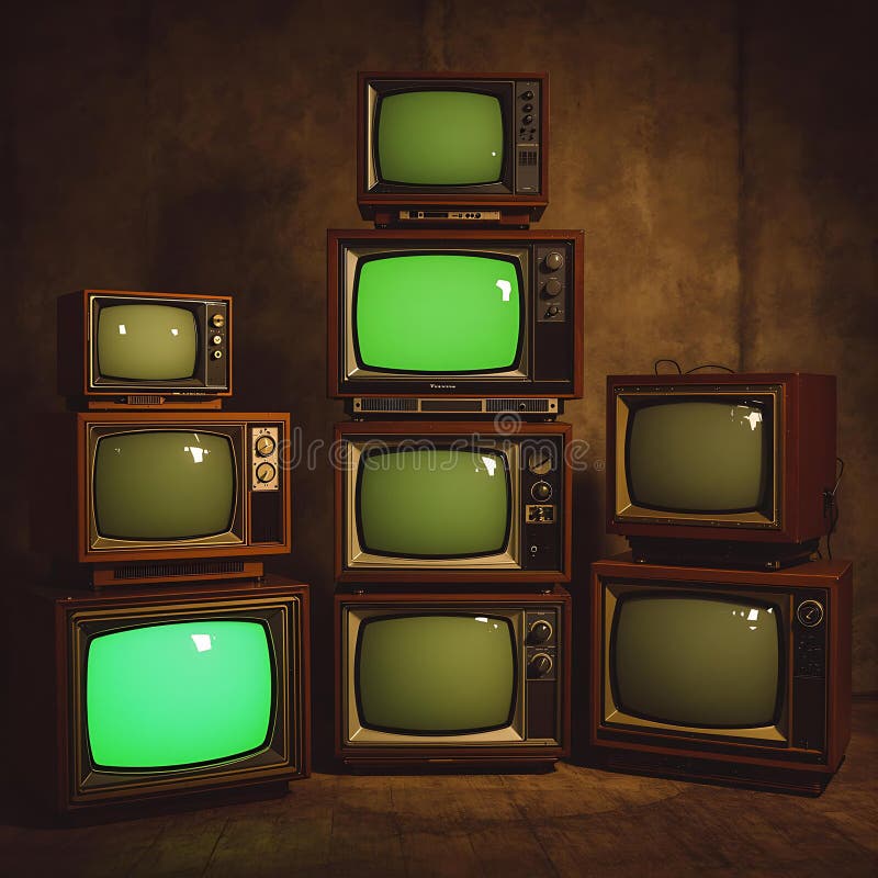 Scene of a Stack of Vintage Televisions with Their Green Screens Stock ...