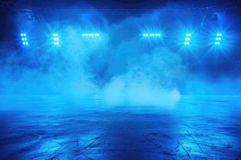 A Scene with a Stage Lit Up by Blue Lights, Surrounded by Smoke Stock ...
