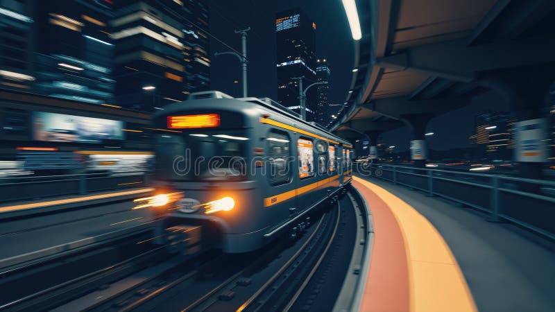 A Scene of a Train Running in a Night City. the Speed Makes the Image ...