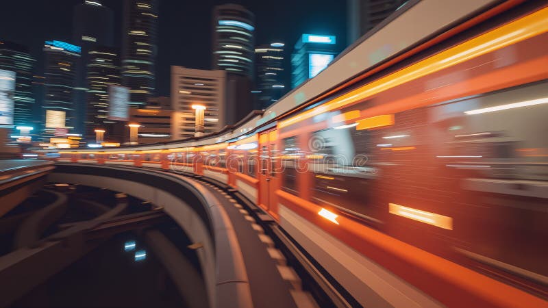 A Scene of a Train Running in a Night City. the Speed Makes the Image ...