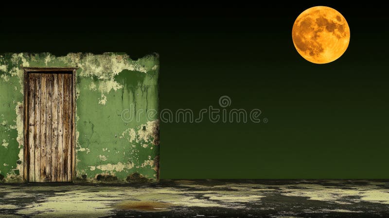 The Scene is Tranquil with a Rustic Door, a Full Moon, and an Aged Wall ...