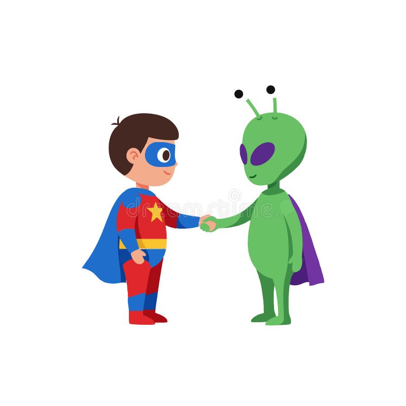 Superhero and Alien Shaking Hands in Flat Vector Art Style Stock Vector ...