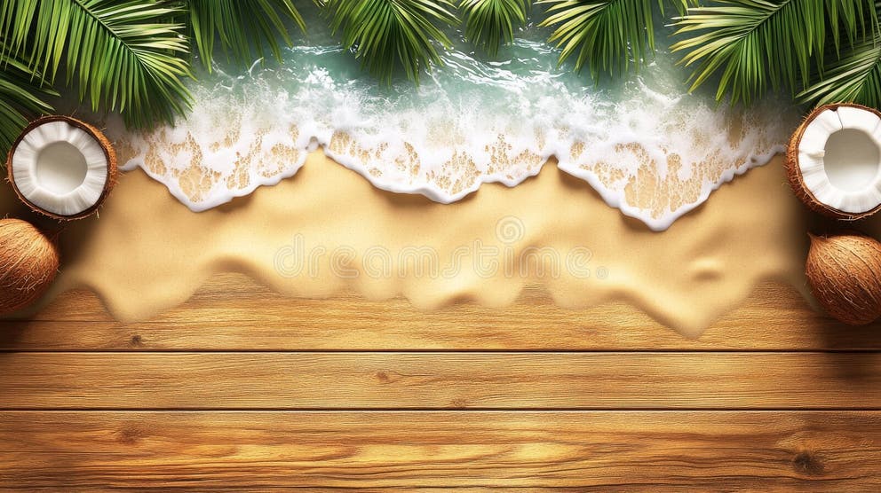 A Scene of a Tropical Beach with Four Coconuts and Palm Foliage Stock ...
