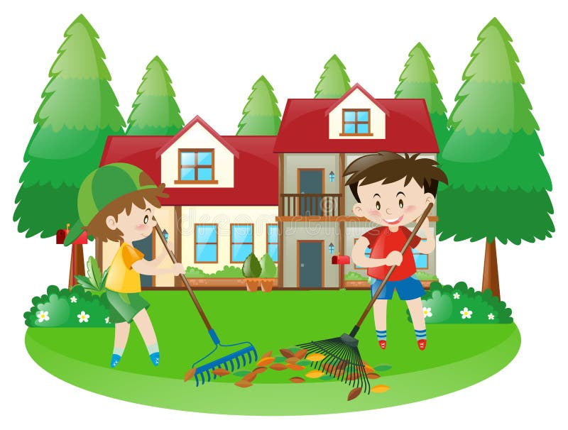 Two Boys Raking Leaves in the Yard Stock Vector - Illustration of cute ...