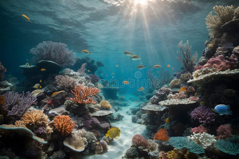 A Scene of Underwater Coral Reefs with Tiny Little Fishes Stock Image ...