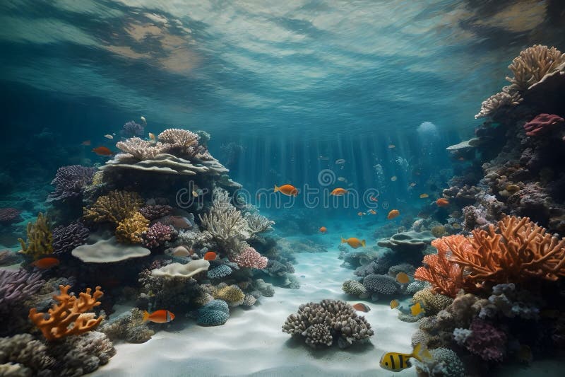 A Scene of Underwater Coral Reefs with Tiny Little Fishes Stock Image ...