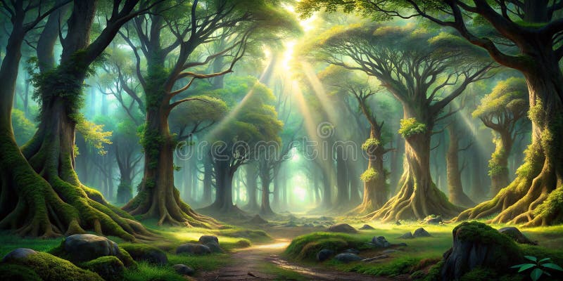 A Scene of a Vast Ancient Forest Where the Trees Communicate through ...