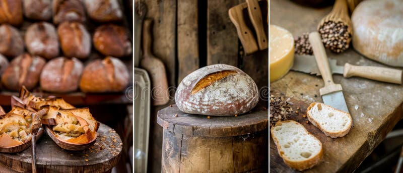 Collage Images of Artisan Bread and Cheese on Rustic Wooden Table Stock ...