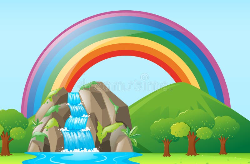 Scene with Waterfall and Rainbow Stock Vector - Illustration of river ...