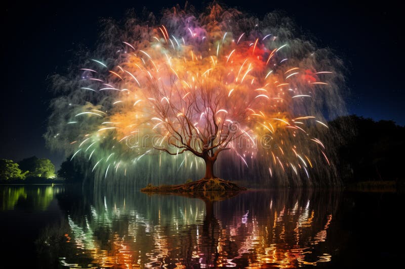 Scene Where a Willow-shaped Tree is Adorned with Multicolored Fireworks ...