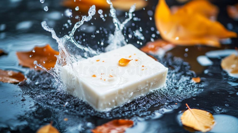 The Scene of a White Soap Bar Falling and Creating Splashes is a ...