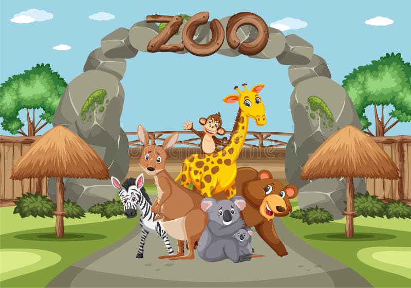 Scene with Wild Animals in the Zoo at Day Time Stock Illustration ...