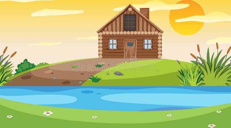 Scene with Wooden Cottage in the Field by the River Stock Illustration ...