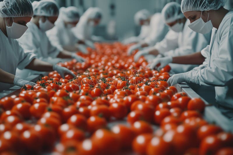A Scene of Workers at the Tomato Processing Plant Wearing Masks and ...