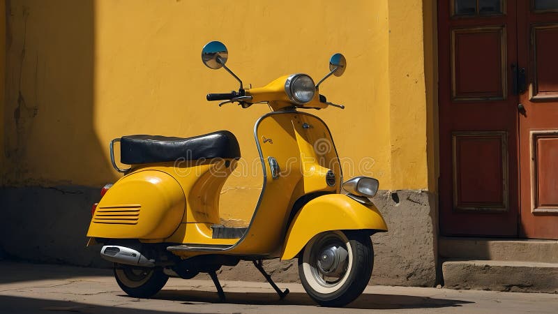 A Scene of a Yellow Vintage Scooter Parked in Front of a Yellow Wall ...