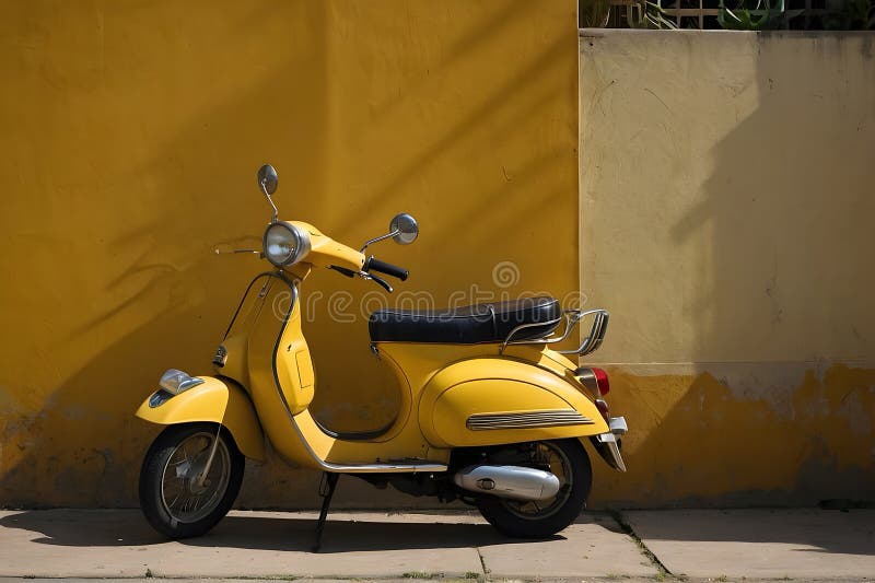 A Scene of a Yellow Vintage Scooter Parked in Front of a Yellow Wall ...