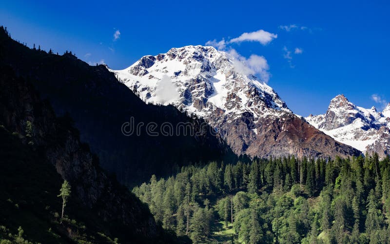 Sceneric Landscape of Mountains Peak Covered in Snow. Trees Under the ...