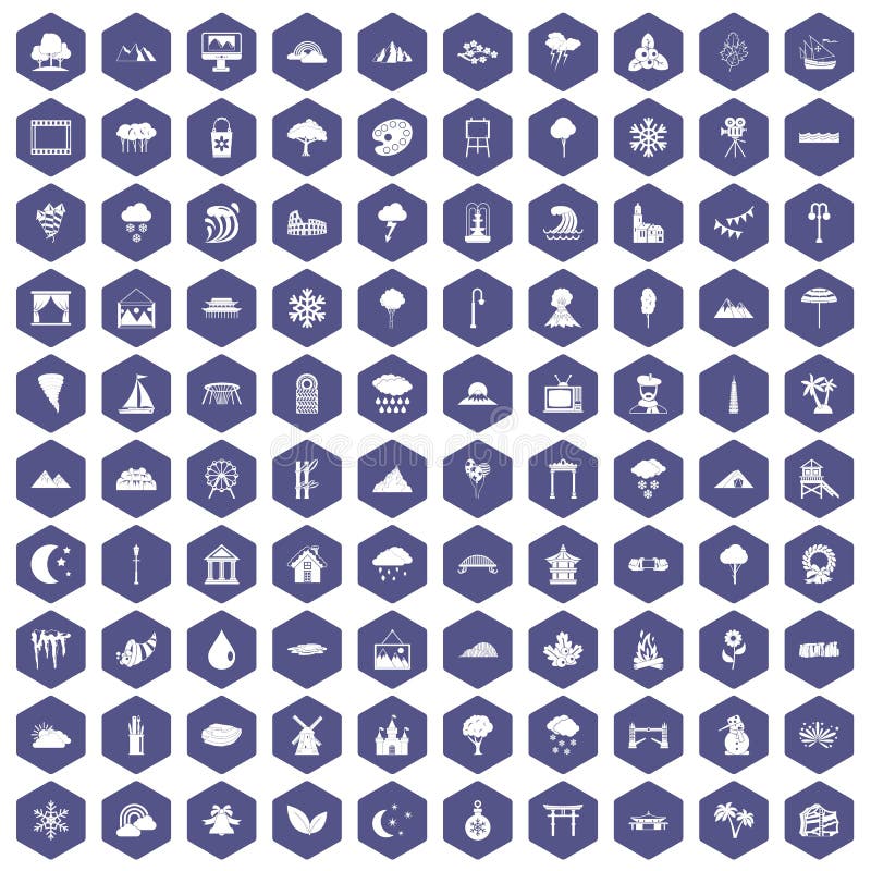 100 Scenery Icons Hexagon Purple Stock Vector - Illustration of hexagon ...