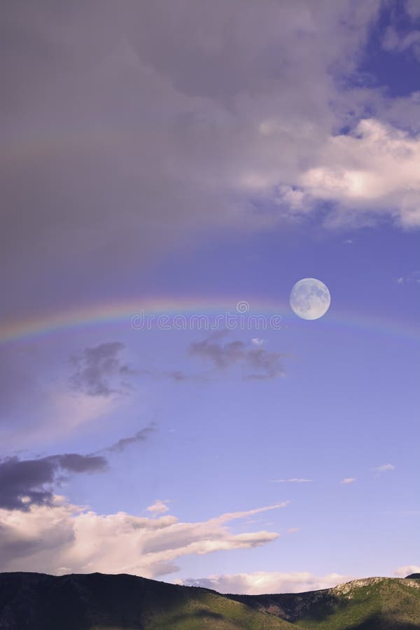 Scenery after Rain with a Rainbow and Full Moon Stock Image - Image of ...