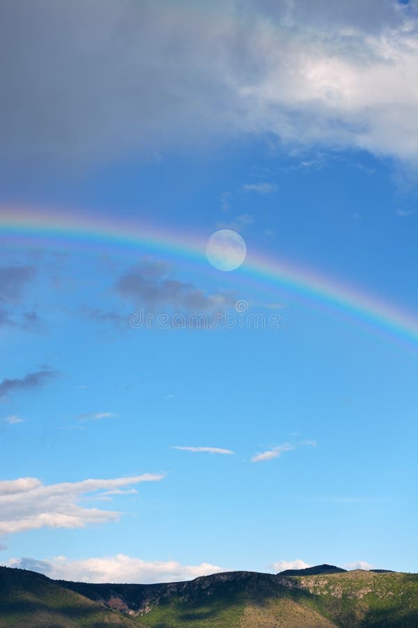 Scenery after Rain with a Rainbow and Full Moon Stock Image - Image of ...