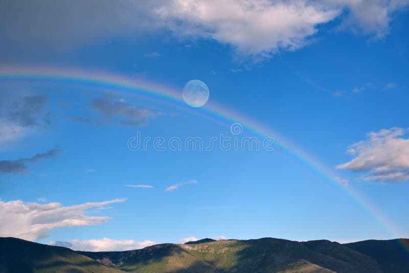 Scenery after Rain with a Rainbow and Full Moon Stock Image - Image of ...