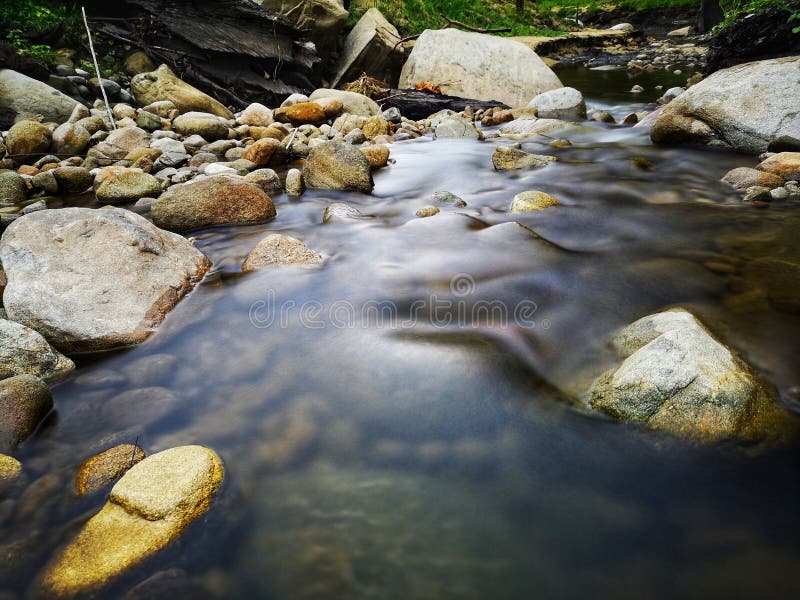 Scenery of River Stream Flowing between Rocks with Motion Blur Due To ...