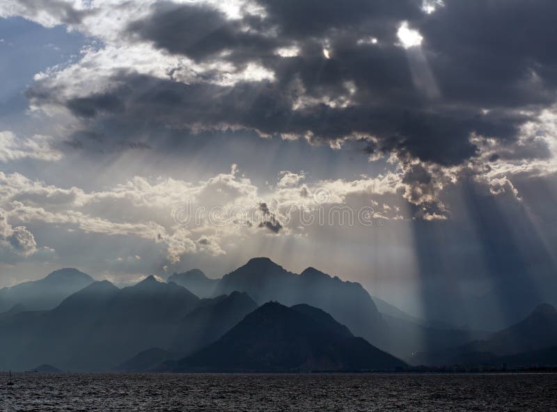 Scenery of Sea and Mountains on Background of Sky in Sun Rays Stock ...