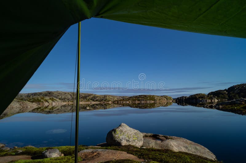 Scenery from Tent, Blue Sky and Reflection in the Water Stock Image ...