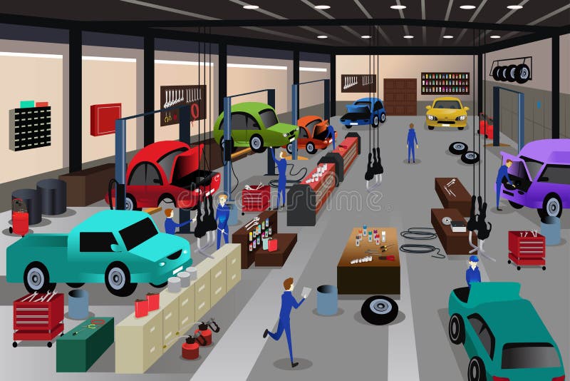 Scenes in an Auto Repair Shop Stock Vector - Illustration of garage ...