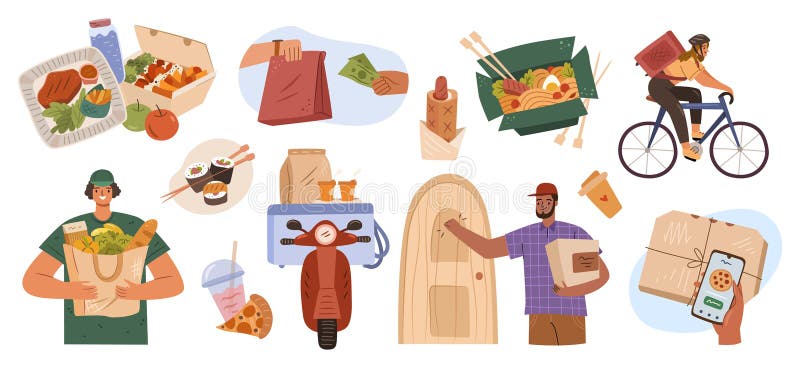 Scenes with Delivery Service of Takeaway Food. Stock Vector ...