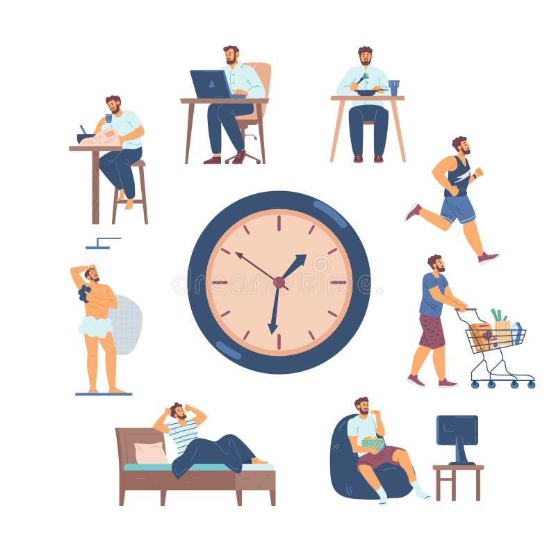 Scenes of Man daily Routine Chores Around Clock, Flat Vector ...