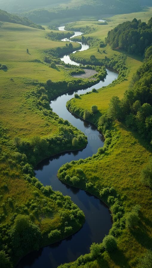 Scenic Aerial Landscape of Meandering River Amidst Lush Greenery and ...