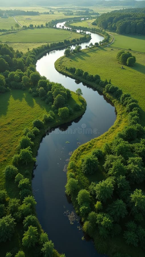 Scenic Aerial Landscape of Meandering River Amidst Lush Greenery and ...