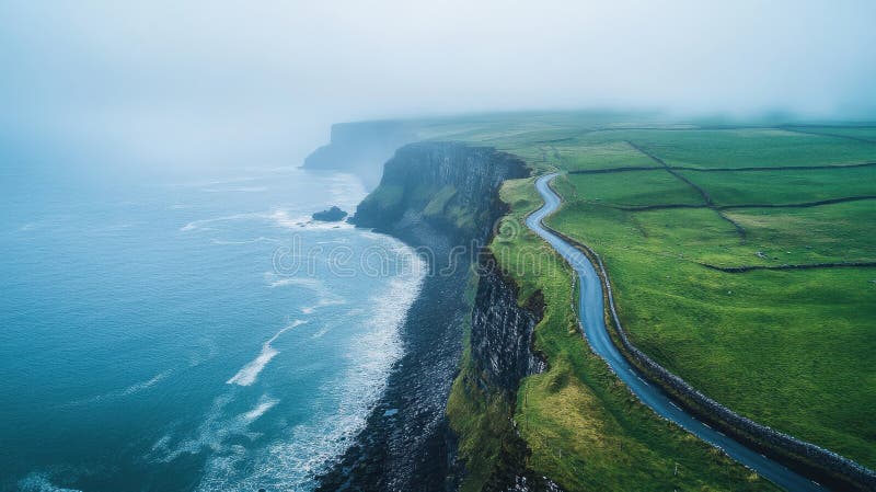 Scenic Aerial View of Misty Coastal Cliffs and Rolling Green Fields in ...