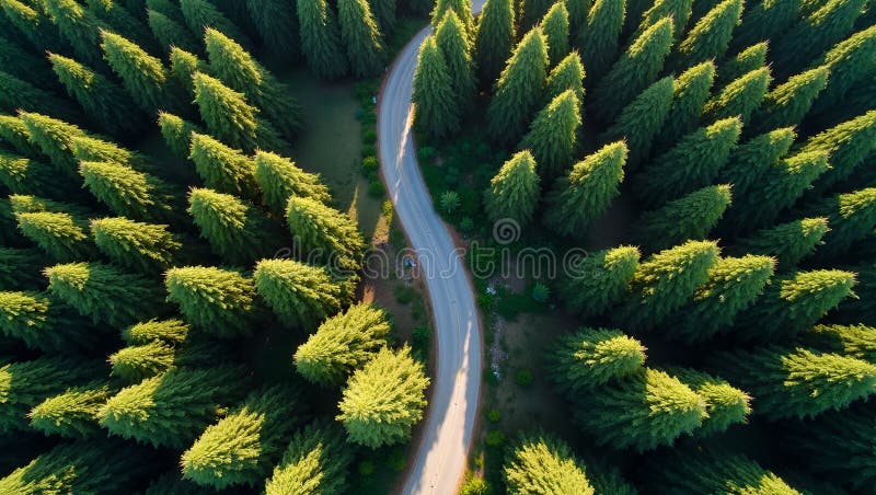 Scenic Aerial View of Winding Road through Lush Forest with Tree Canopy ...